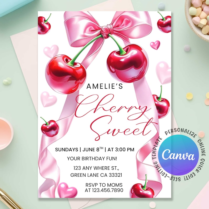 Cherry Sweet Birthday Invitation, Cherry Bow Birthday Invite, Cherry ...