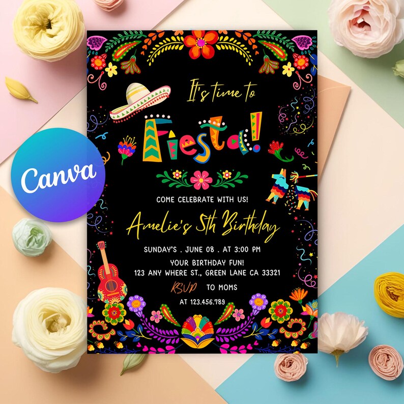 Fiesta Birthday Invitation, Mexican Theme Invitation, Mexican Papel ...
