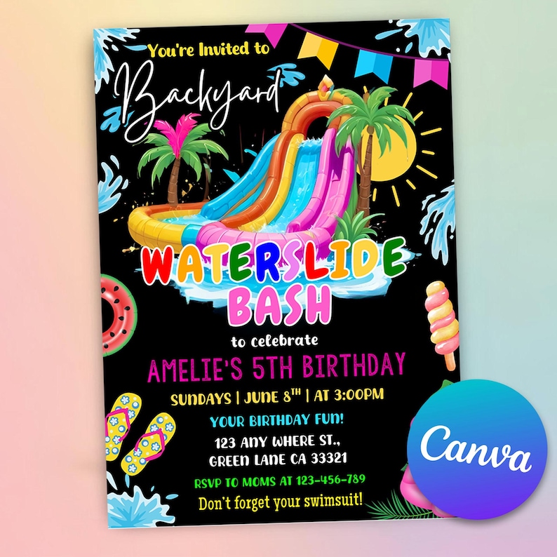 Waterslide Birthday Invitation, Boy or Girl Splash Party Invite ...