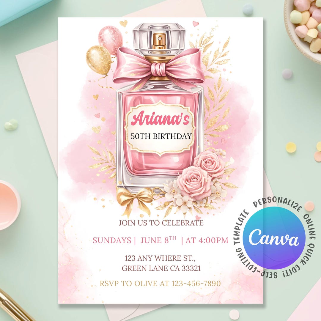 Perfume Bottle 50th Birthday Invitation, Woman's 50th Birthday Invite ...