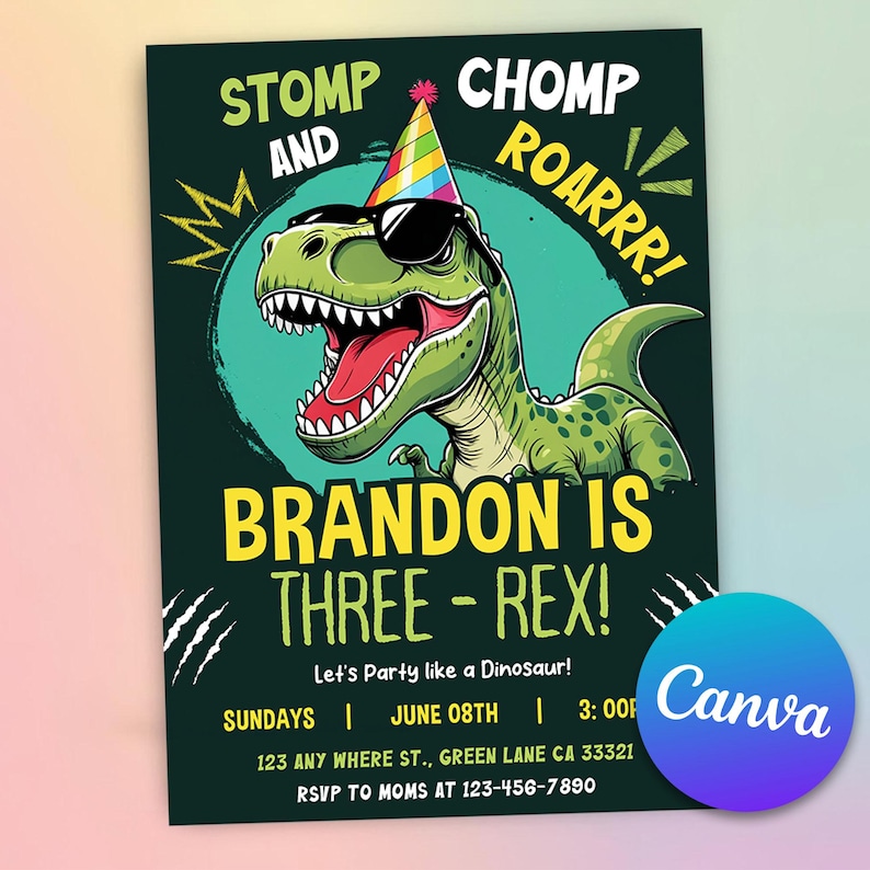 Three Rex Dinosaur Birthday Invitation, 3rd Birthday Dino Party ...