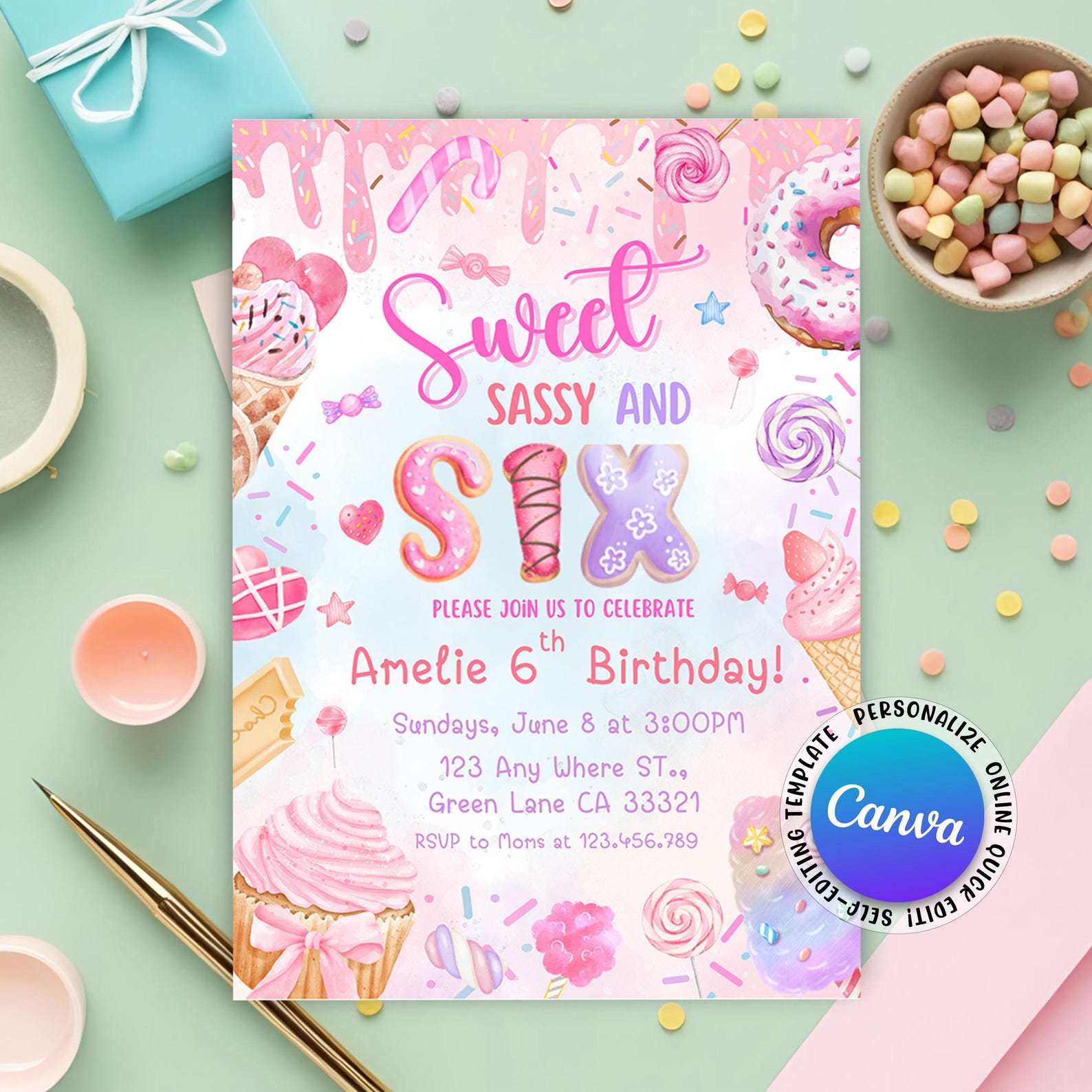 Sweet Sassy and Six Invitation, 6th Girl Birthday Invitation, Sweet Six ...