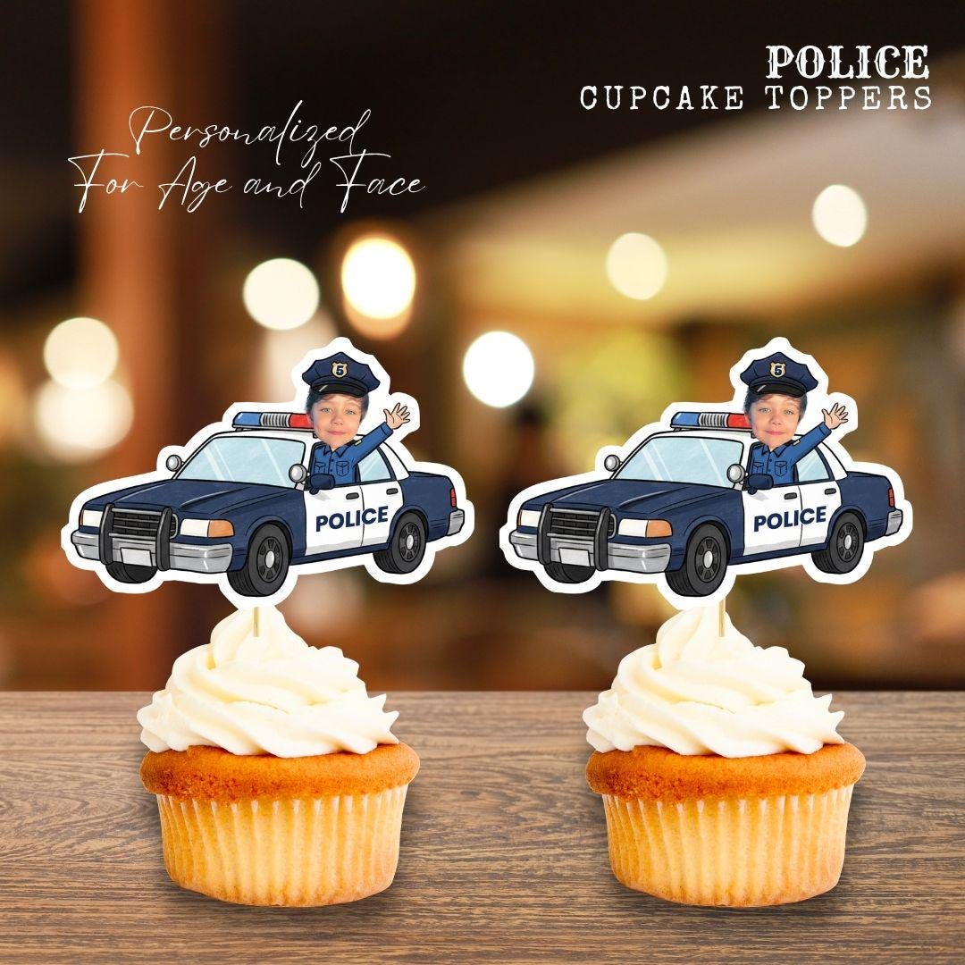 Police Officer Car Personalized Face Cupcake Toppers, Birthday Party ...