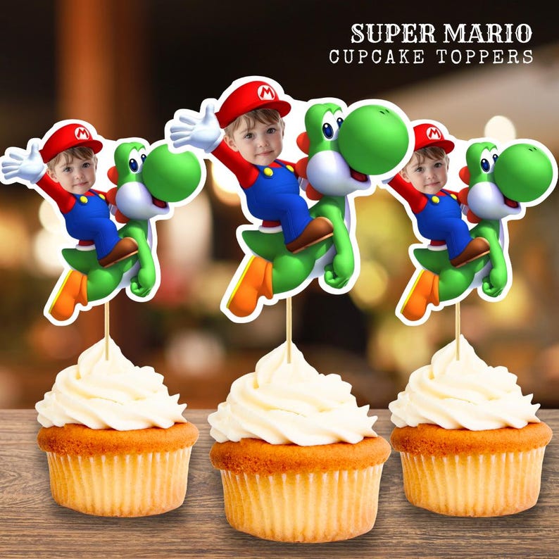 Super Mario Birthday Cupcake Toppers – Custom Face Yoshi Ride Party ...