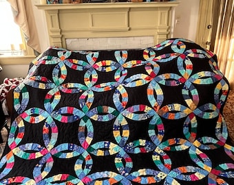 Vtg Double Wedding Ring Quilt Scalloped Edge Hand Made96" X 96 ...