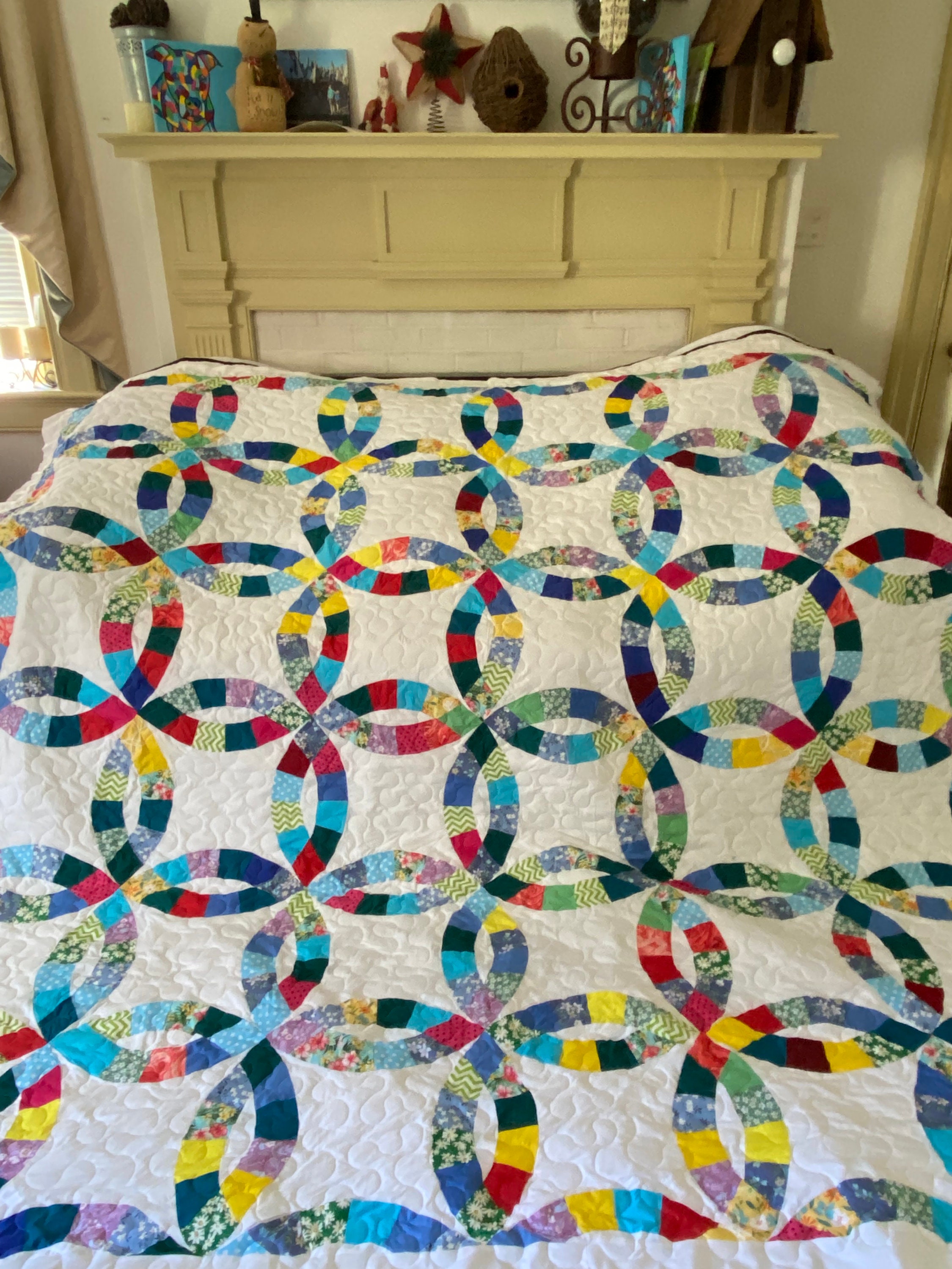 Quilt Multi Colored Scrappy Double Wedding Ring Queen - Etsy