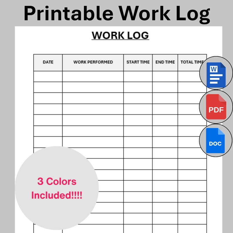 Printable Work Log Time Sheet, Working Time Hours Tracker Log Template, Productivity Activity ...
