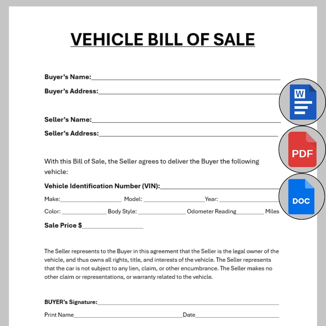 Vehicle Bill of Sale Templates Editable. Motor Vehicle Sales Contract ...