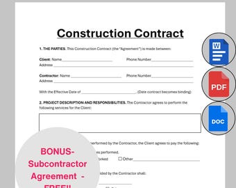 Editable Construction Contract Agreement Template, Single Page ...
