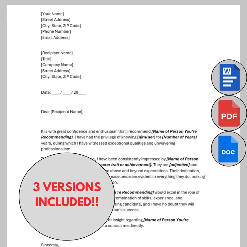 Personal Reference Letter Template, Printable Letter of Recommendation ...