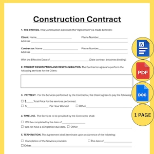 Editable Construction Contract Agreement Template, Single Page Construction Agreement Form ...