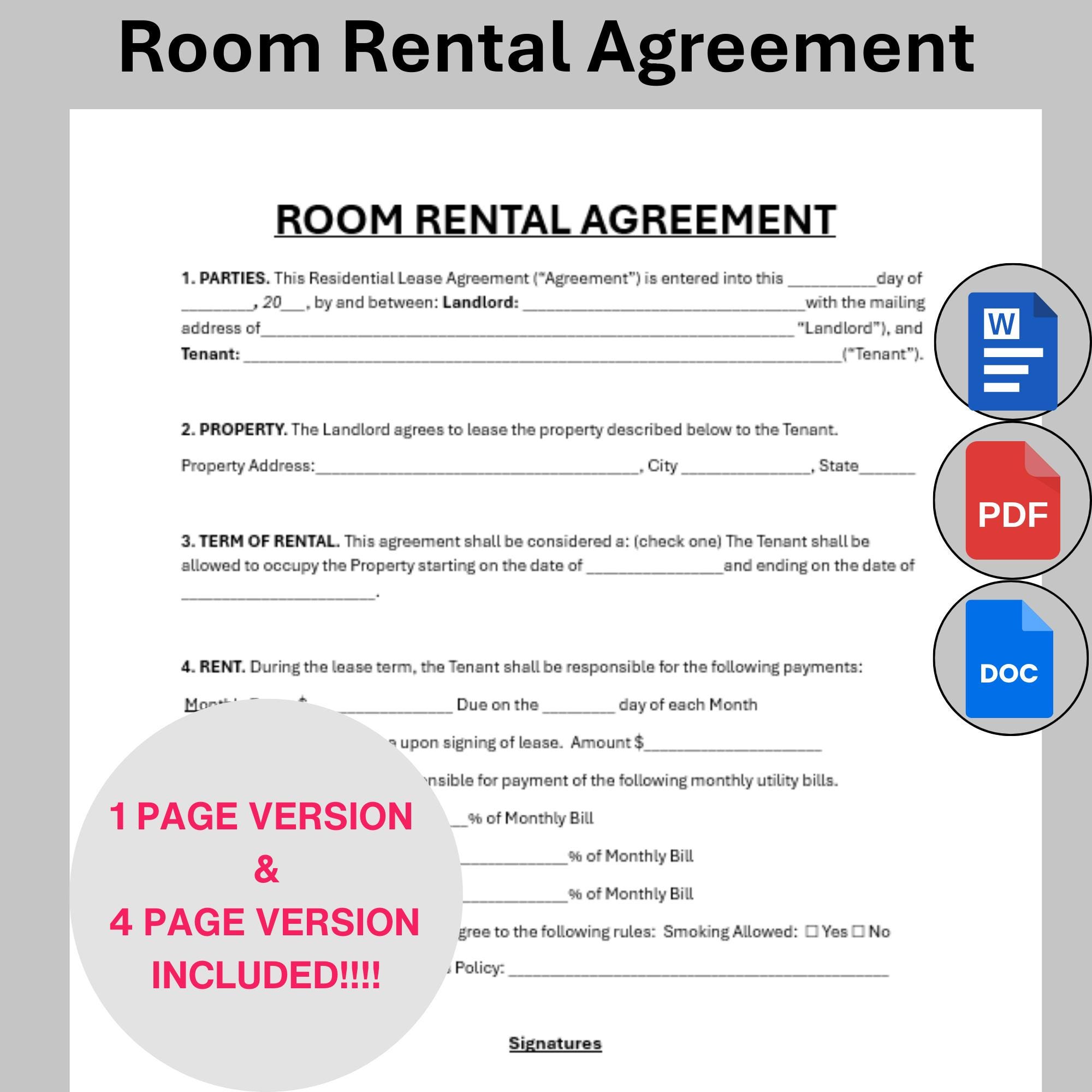 Editable Room Rental Agreement Template, Single Page Room Tenancy ...