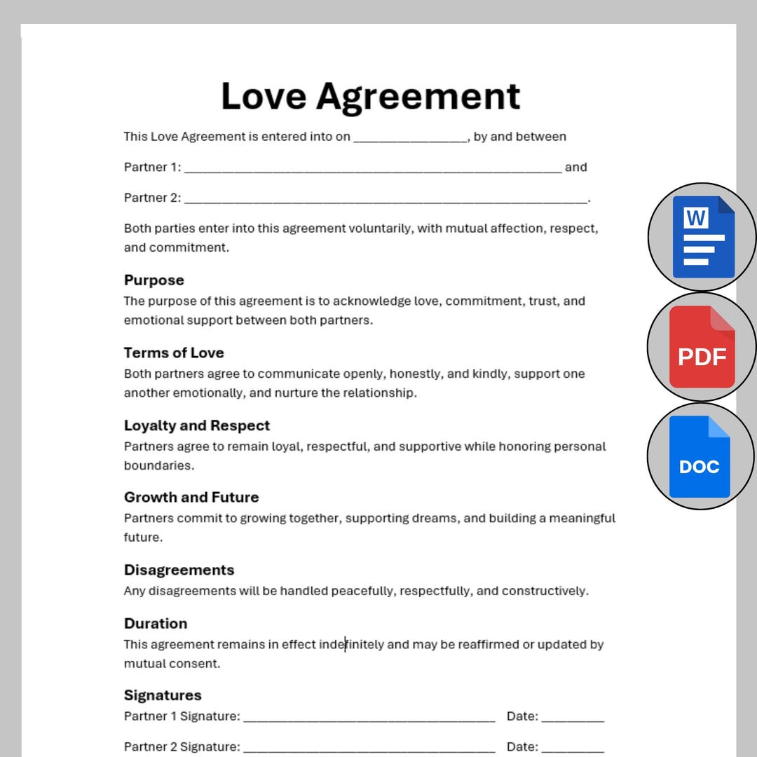 Customizable Love Agreement Template, Editable Relationship ...