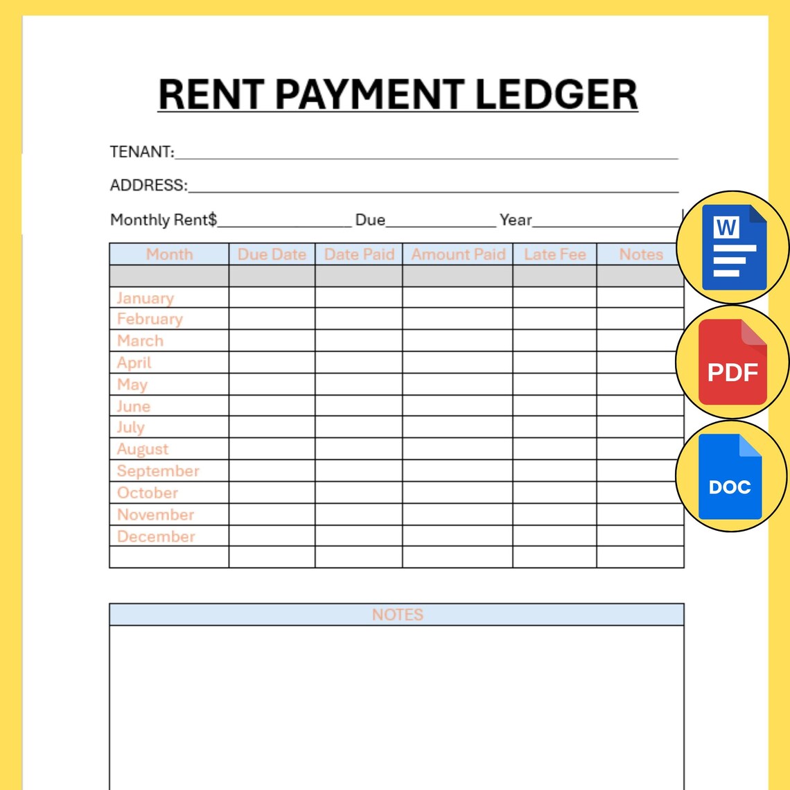 Editable Rent Payment Ledger Template, Printable Rental Payment Tracker ...