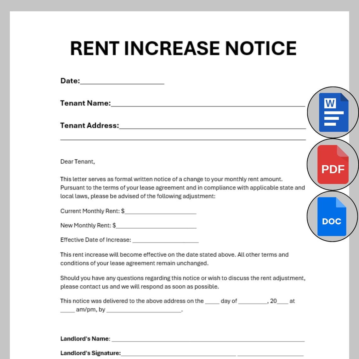 Rental Increase Notice Letter Form, Notice of Rent Increase, Editable ...