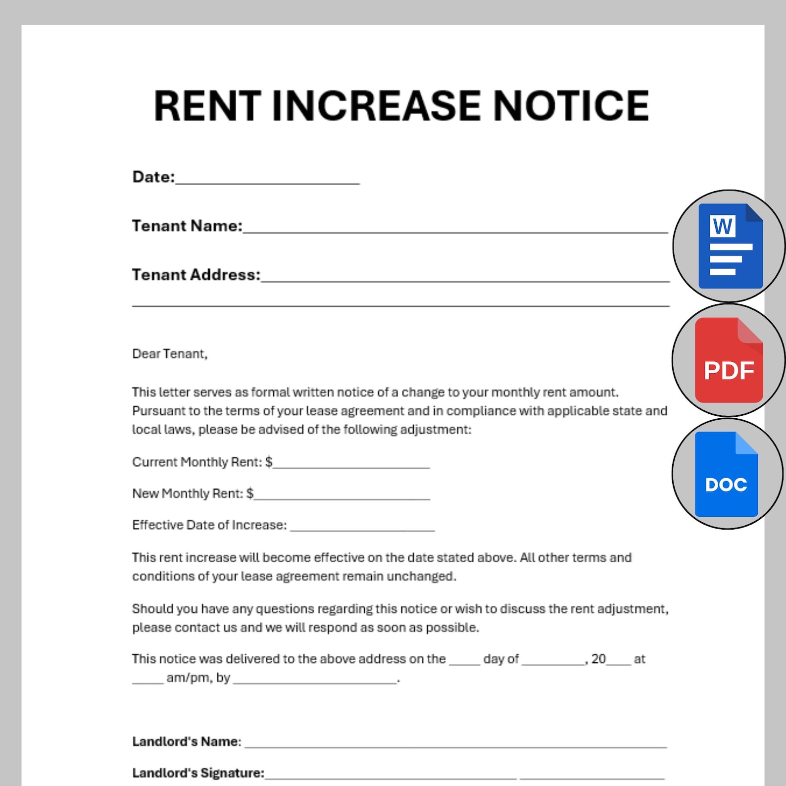 Rental Increase Notice Letter Form, Notice of Rent Increase, Editable ...