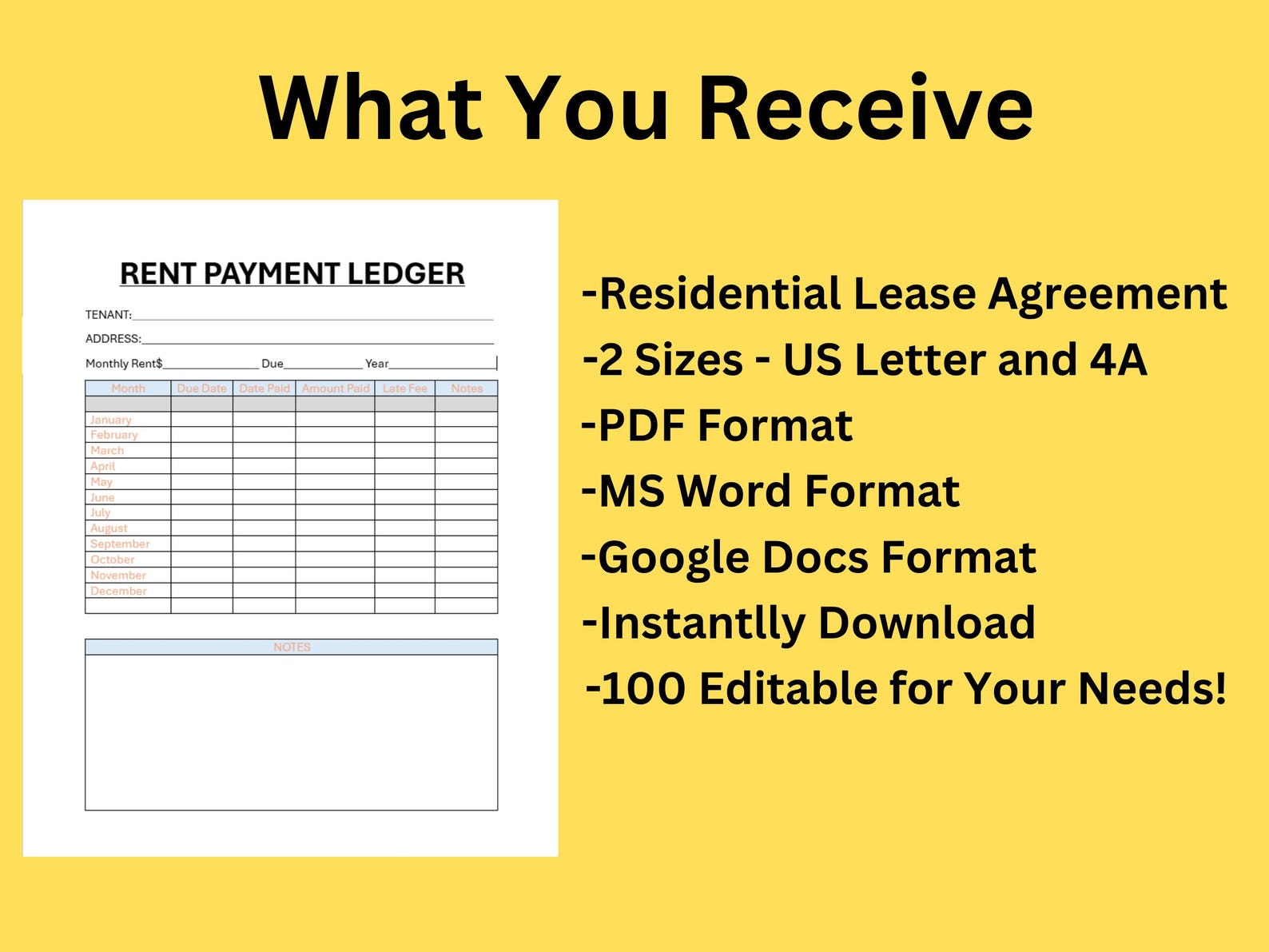 Editable Rent Payment Ledger Template, Printable Rental Payment Tracker ...