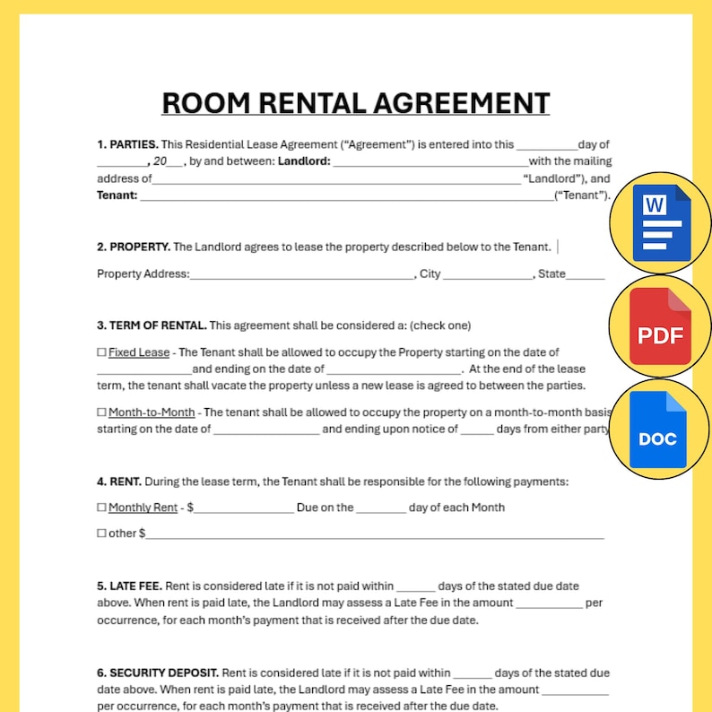 Room Rental Agreement Contract Form Lease Roommate Template Tenancy ...