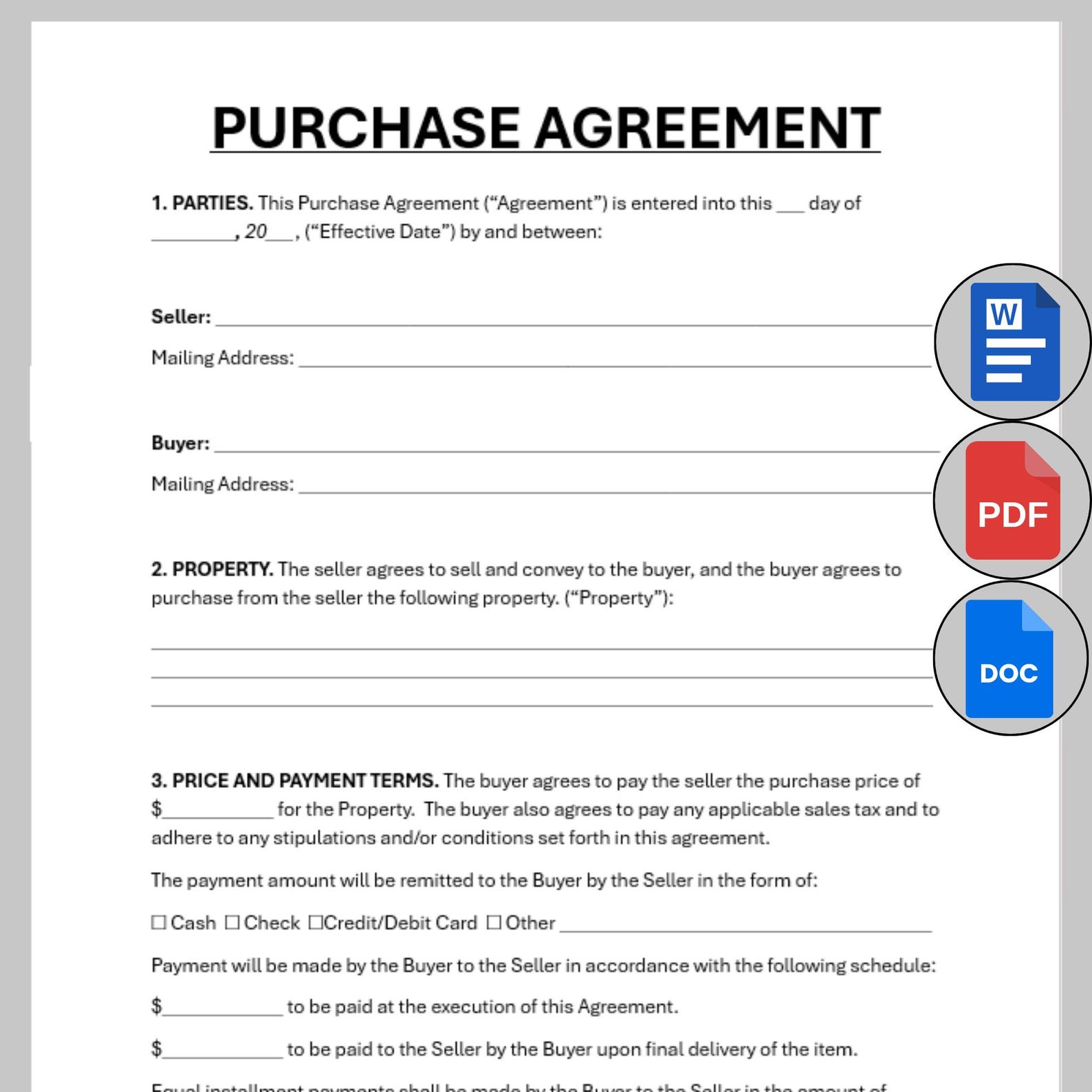 Purchase Agreement Template Printable. Editable Purchase Sales Contract ...