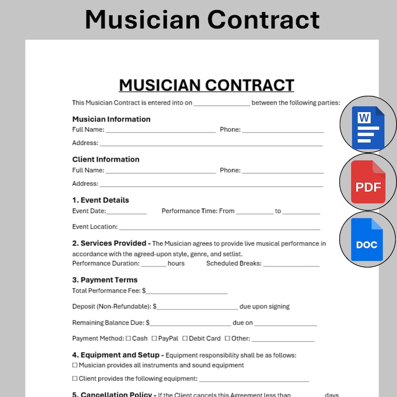 Editable Musician Contract Template, Single Page Musician Collaboration ...