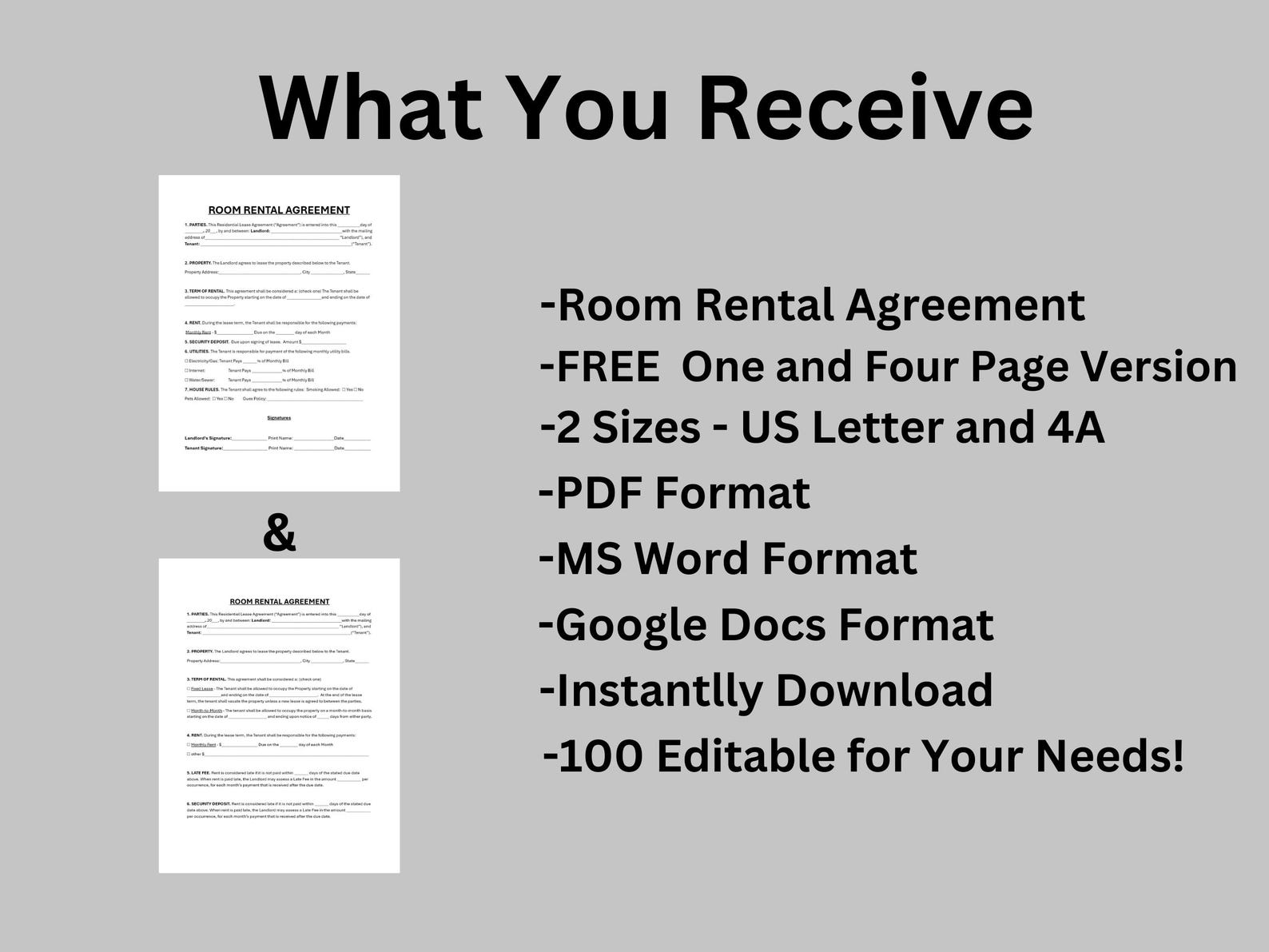 Editable Room Rental Agreement Template, Single Page Room Tenancy ...