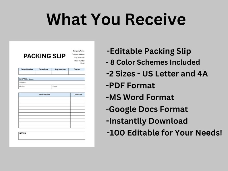 Editable Packing Slip Template, Printable Customer Purchase Packing Slip, Printable Delivery ...