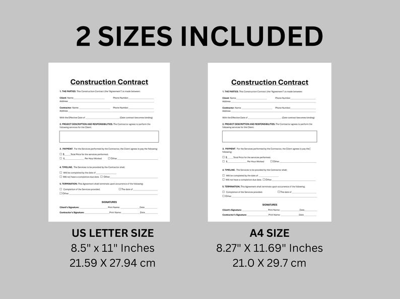 Editable Construction Contract Agreement Template, Single Page Construction Agreement Form ...