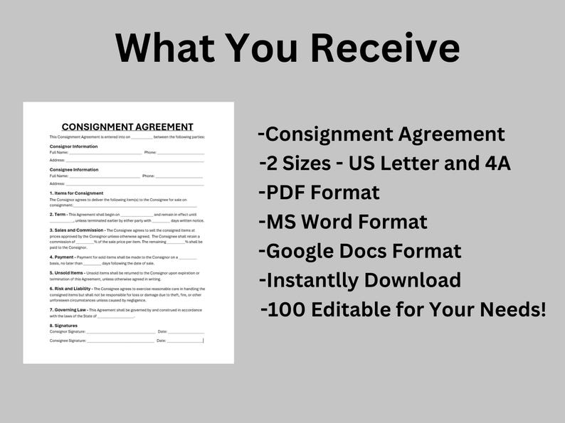 Editable Consignment Agreement Template, Single Page Consignment ...
