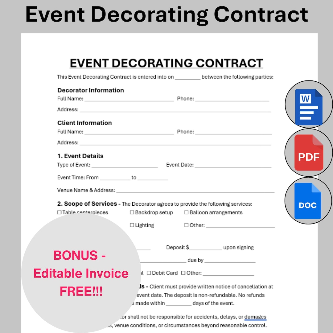 Editable Event Decorating Contract Template, Simple Event Planning ...