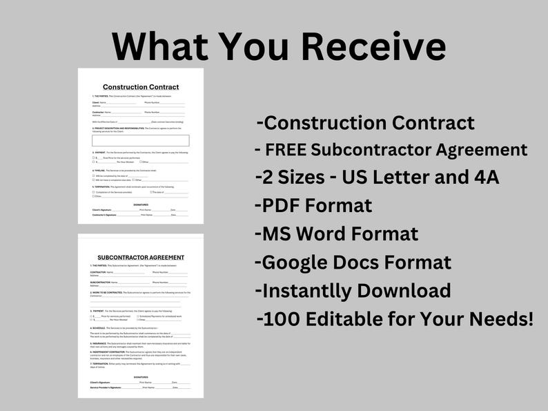Editable Construction Contract Agreement Template, Single Page ...