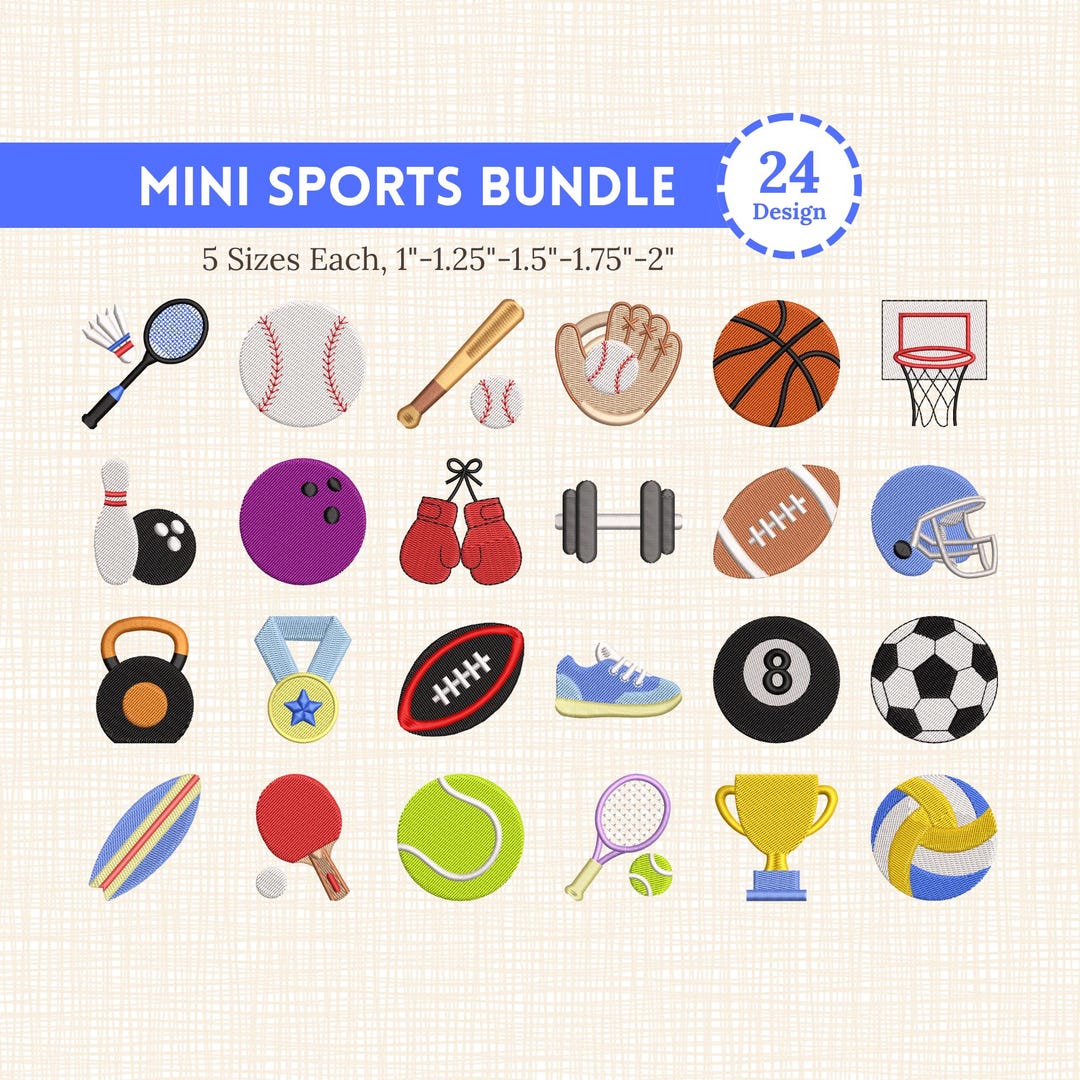 Sports Embroidery Design Bundle, 24 Mini Sports Icons, Football ...
