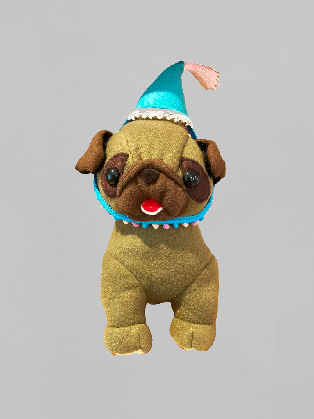 Pug Dog Doll With Party Cap, Olive Color, One of a Kind Animal Doll ...
