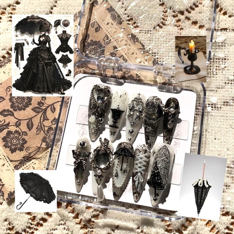 Gothic Victorian Lace Press-on Nails | Elegant Dark Black White Silver ...