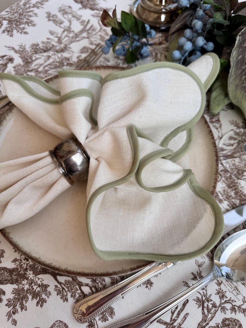 Natural Linen Napkins With Sage Green Edge, French Country Table Decor ...