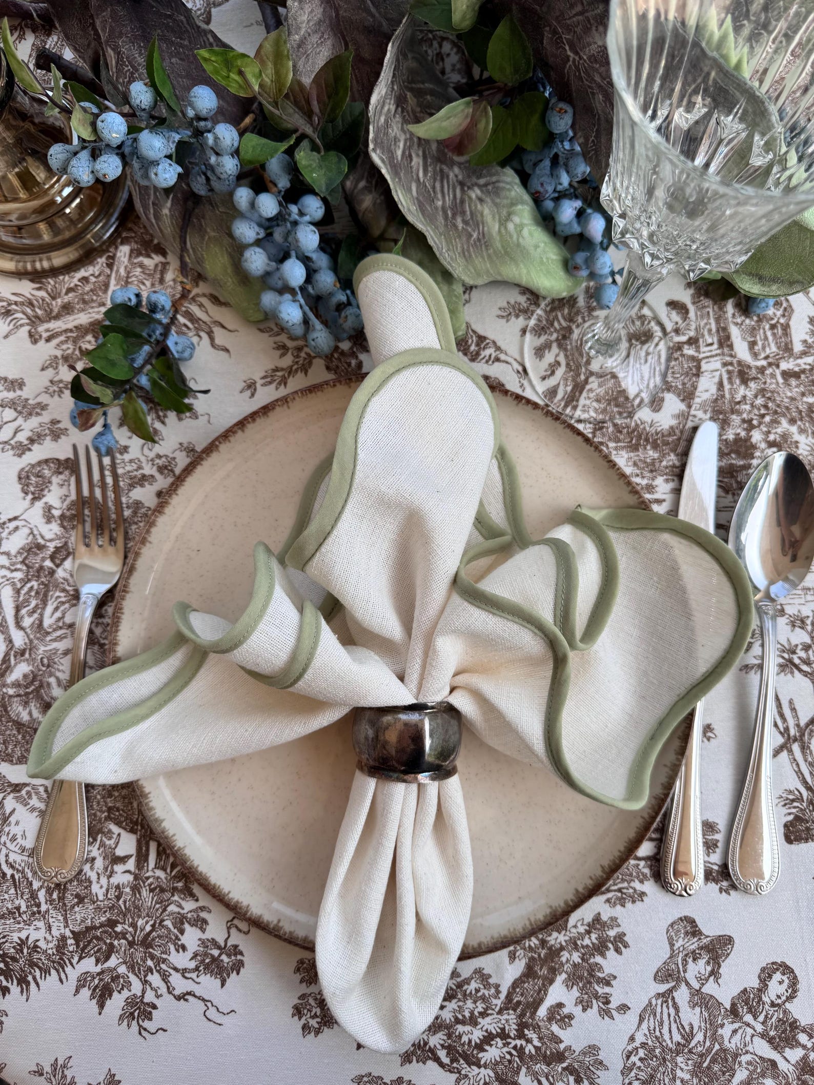 Natural Linen Napkins With Sage Green Edge, French Country Table Decor ...