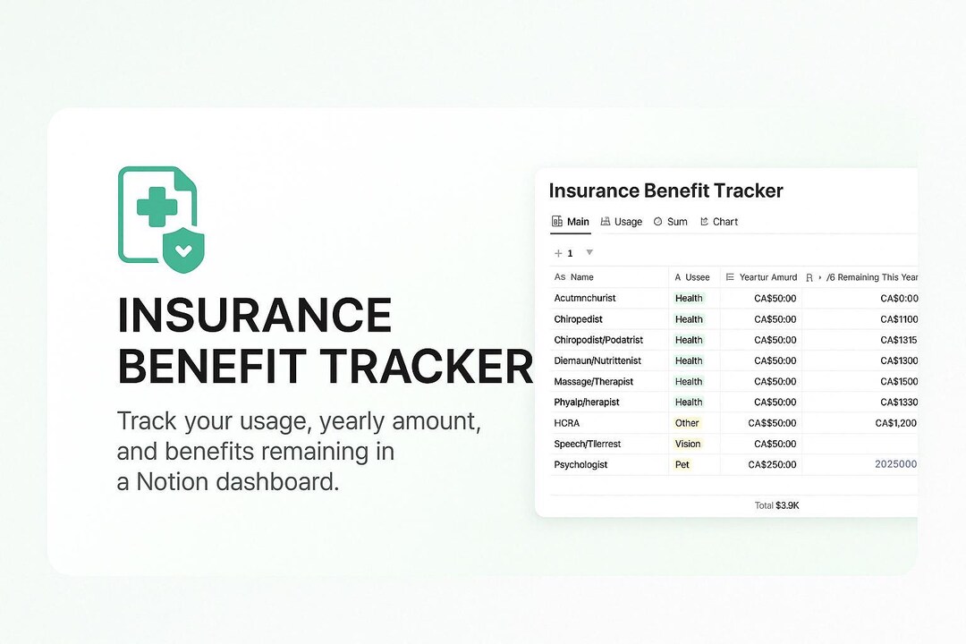Insurance Benefit Tracker | Notion Template for Health, Vision, and ...