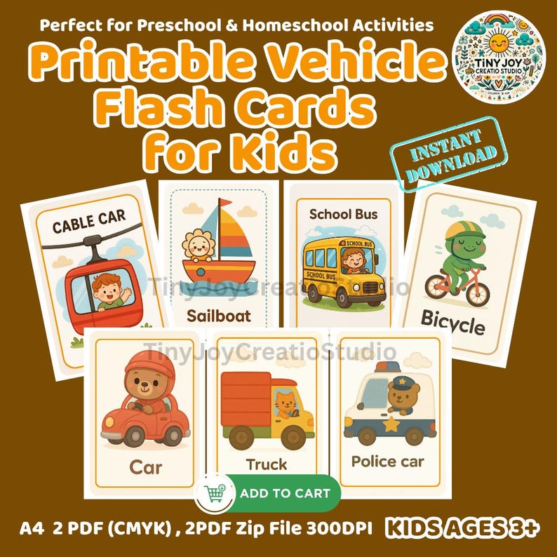 Printable Vehicle Flash Cards for Kids Transportation A4 Poster 20 Cute ...