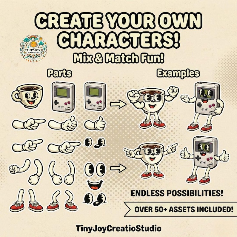 Retro Cartoon Character Creator Kit PNG Vintage90 Toon Coffee & Money ...