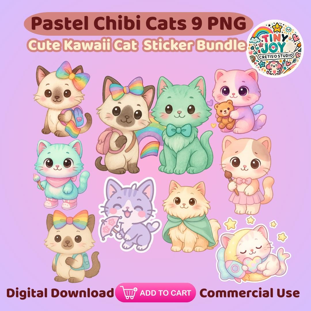 Cute Kawaii Cat Sticker Bundle – 9 PNG Pastel Chibi Cats for Kids & POD ...
