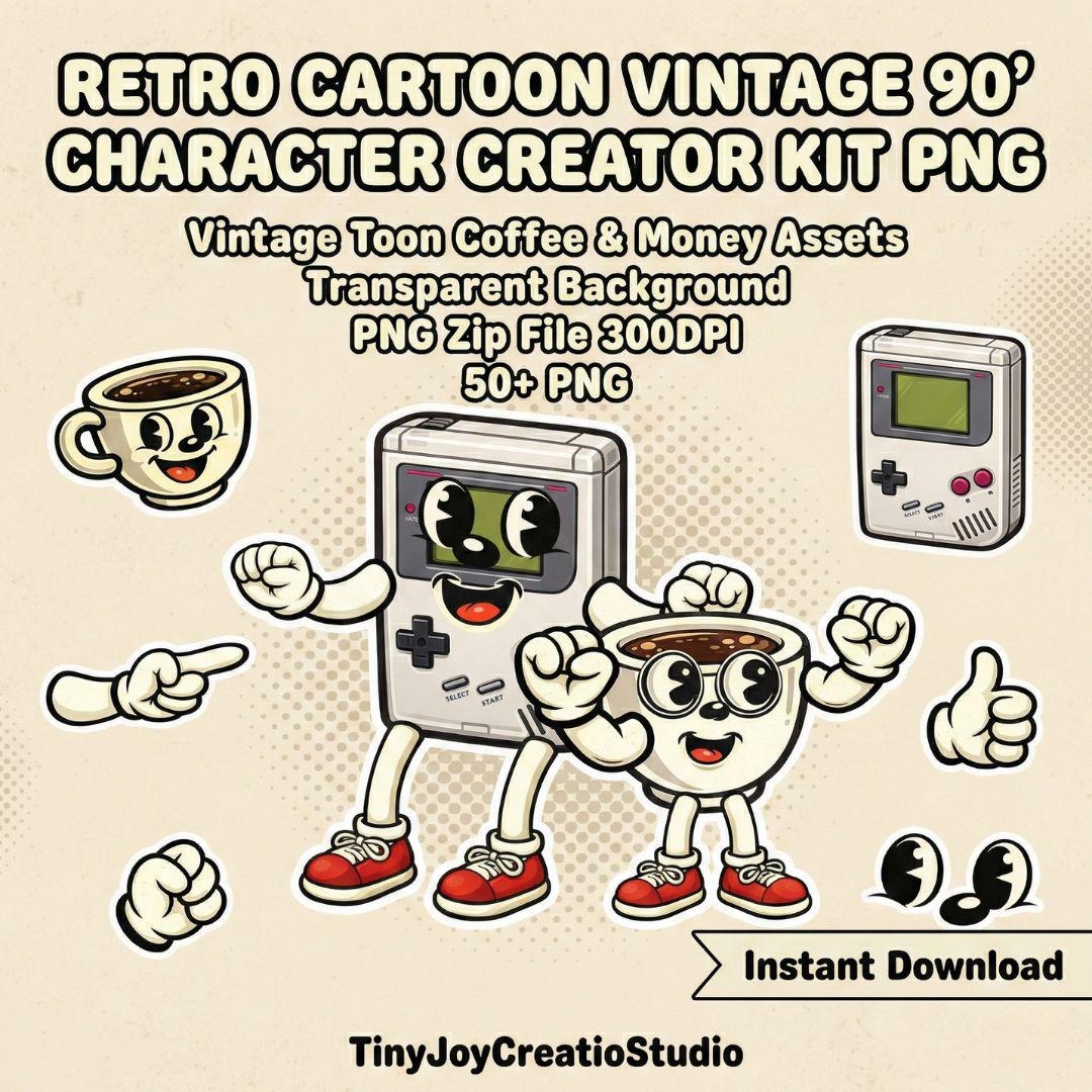 Retro Cartoon Character Creator Kit PNG Vintage90 Toon Coffee & Money ...