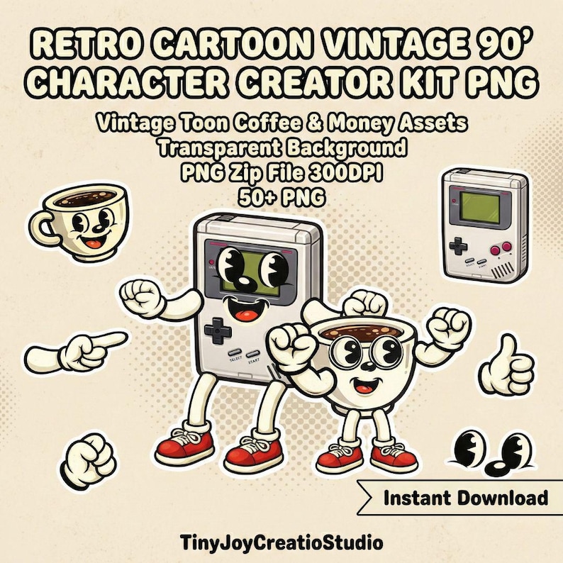 Retro Cartoon Character Creator Kit: 90s Rubber Hose PNG Assets (50 ...