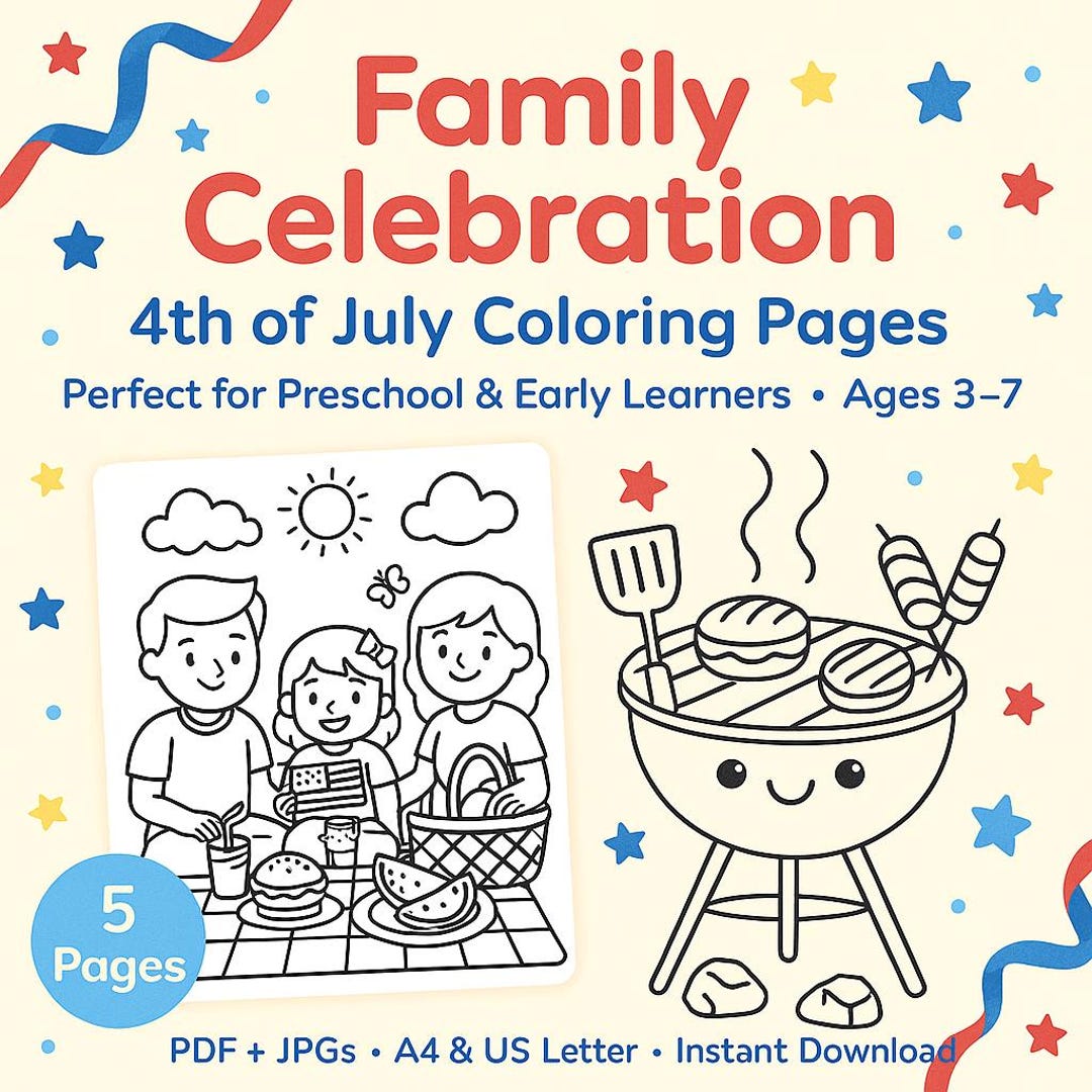 4th of July Family Celebration Coloring Pages – Picnic, BBQ, Food & Fun ...