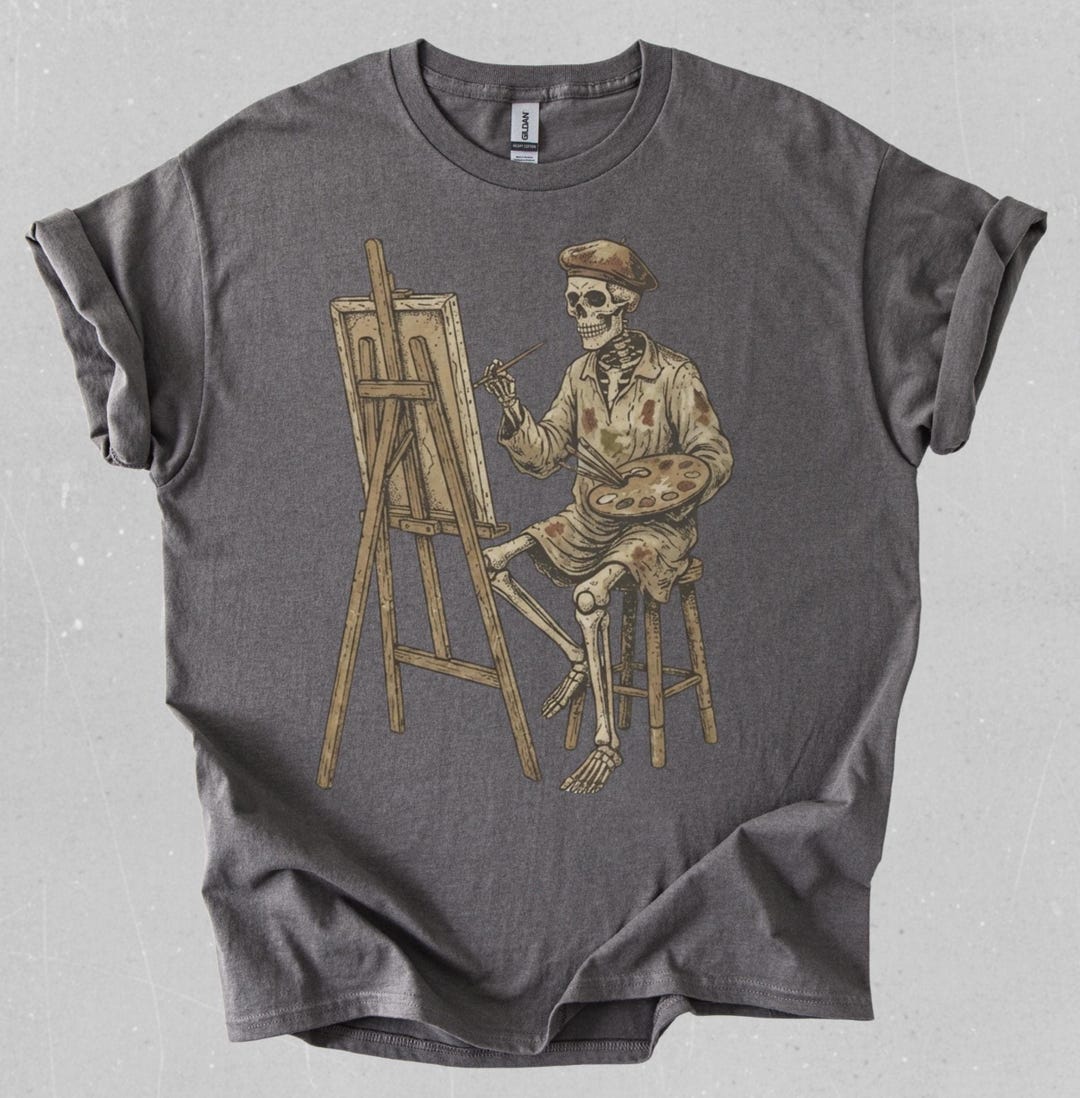 Vintage Painter Skeleton Shirt, Retro Artist Skeleton Tee, Minimalist ...