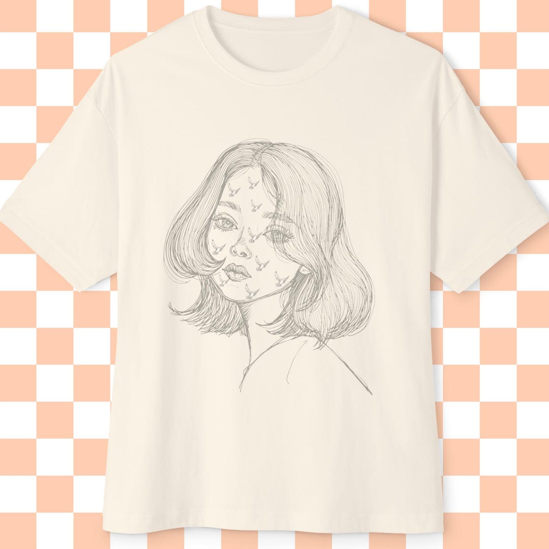 Boho Chic Line Art Portrait Girl With Doves Face Unisex, Oversized T ...