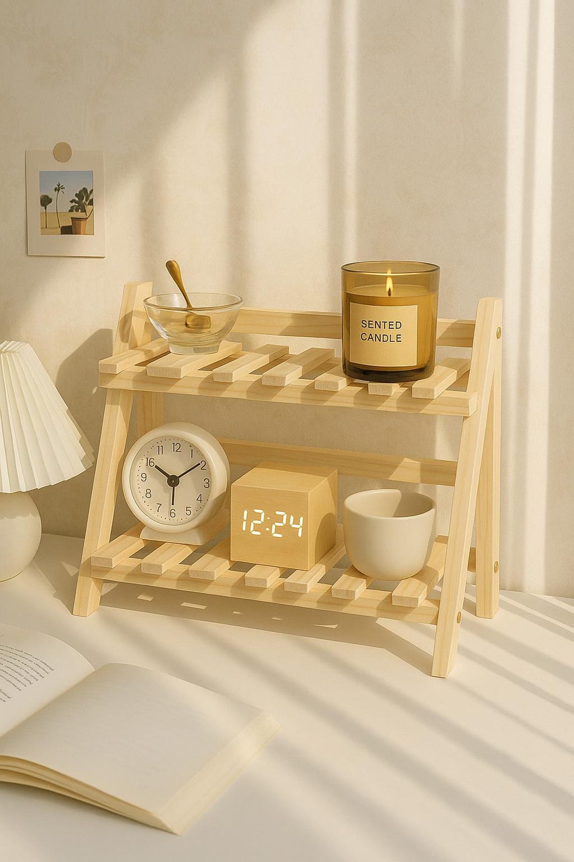 Wooden 2-tier Display Shelf – Small Rustic Organizer Rack for Desk ...