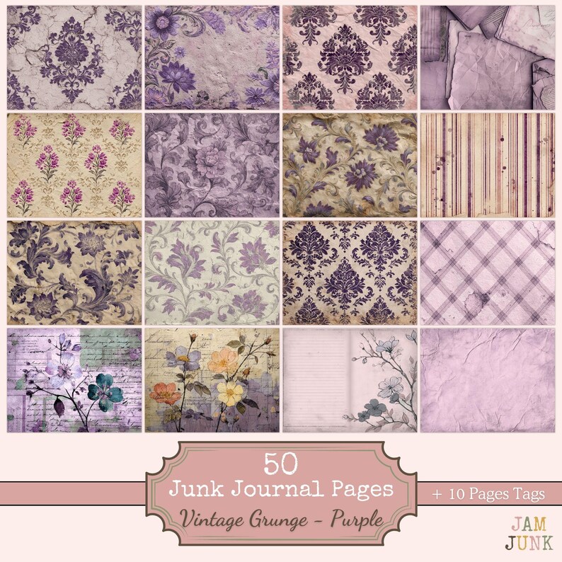 Purple Vintage Grunge Paper Pack: Printable Junk Journal Pages,pdf ...