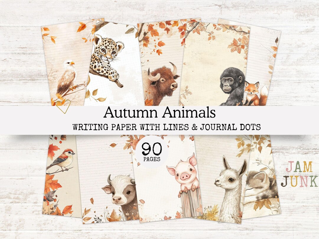 Autumn Animals Writing Paper, 90 Pages, 45 Writing Lines and 45 Bullet ...