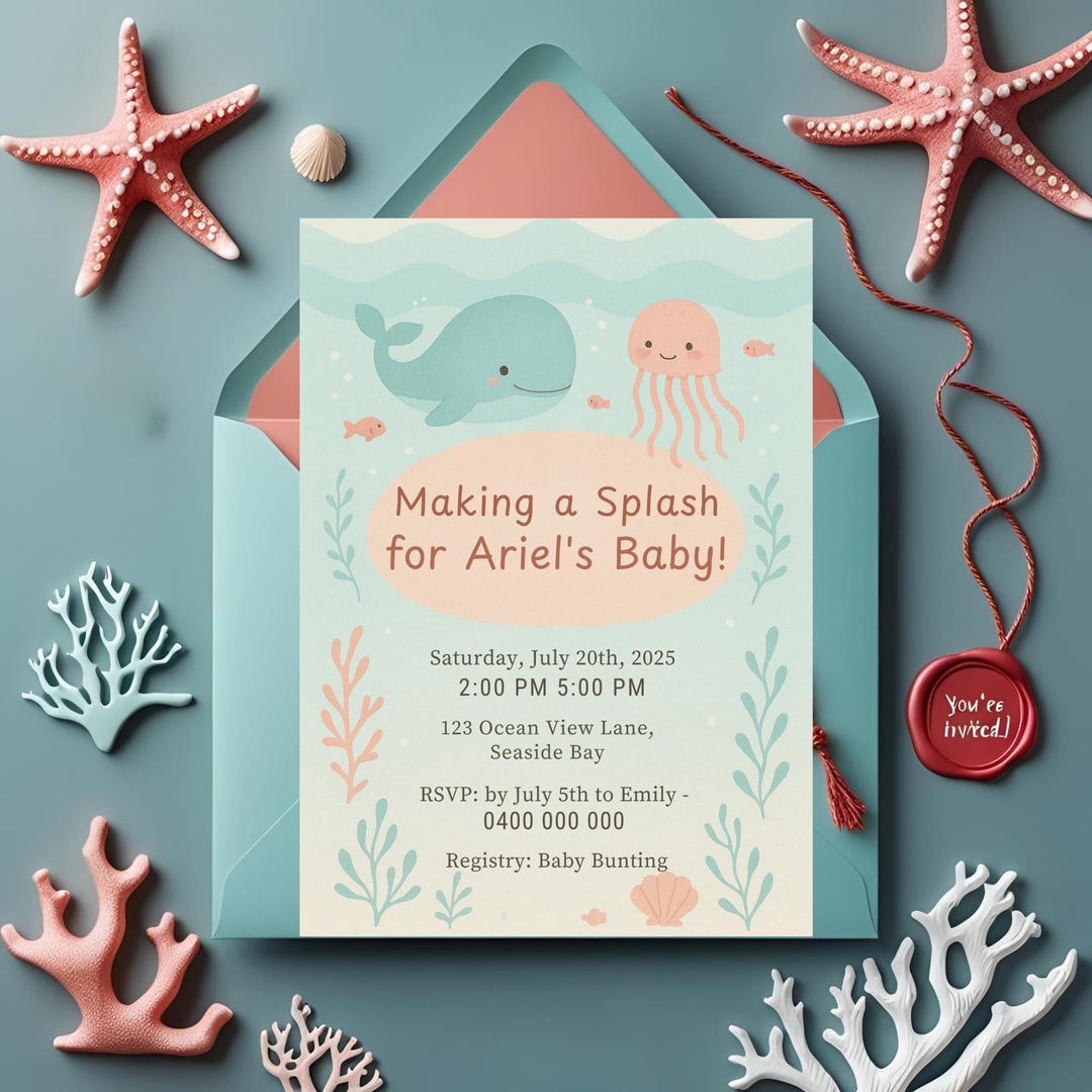 Under the Sea Baby Shower Invitation: Watercolor Ocean Theme (editable ...