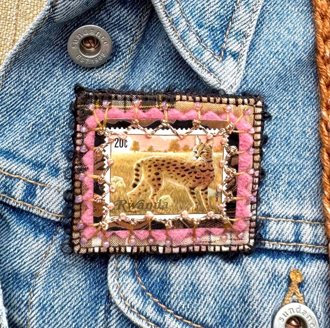 Hand Stitched Cat Brooch: Rwanda Vintage Stamp, Beaded Wool Felt Lapel ...