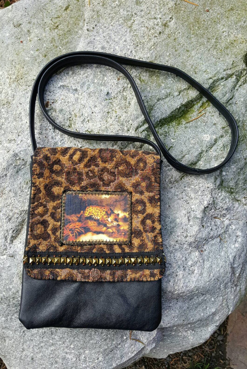 Handmade Purse Black Leather Jaguar Print Fabric Jaguar | Etsy